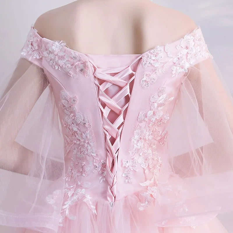 Elegant Off-shoulder Pink Gown With Floral Embroidery on Luulla