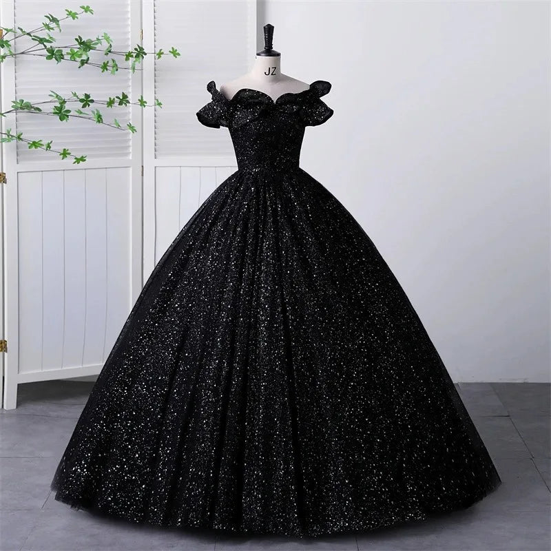 Elegant Off-shoulder Black Sequin Ball Gown Dress on Luulla