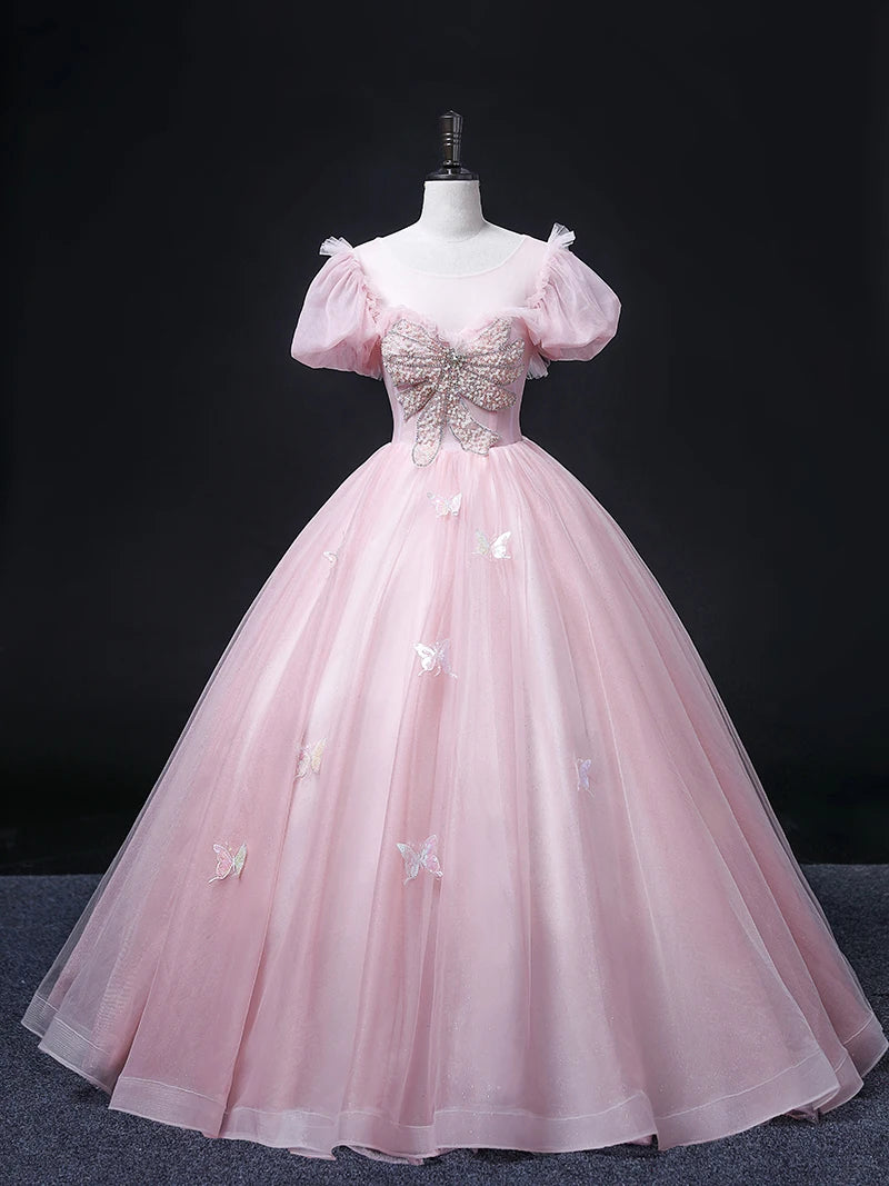 Elegant Pink Butterfly Ball Gown With Puff Sleeves on Luulla