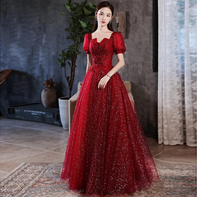 Elegant Red Sequin Evening Gown With Cap Sleeves on Luulla