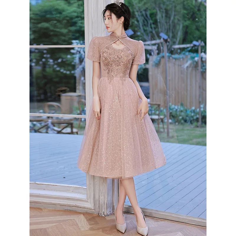 Elegant Sequined Tea-length Prom Dress With Sleeves on Luulla