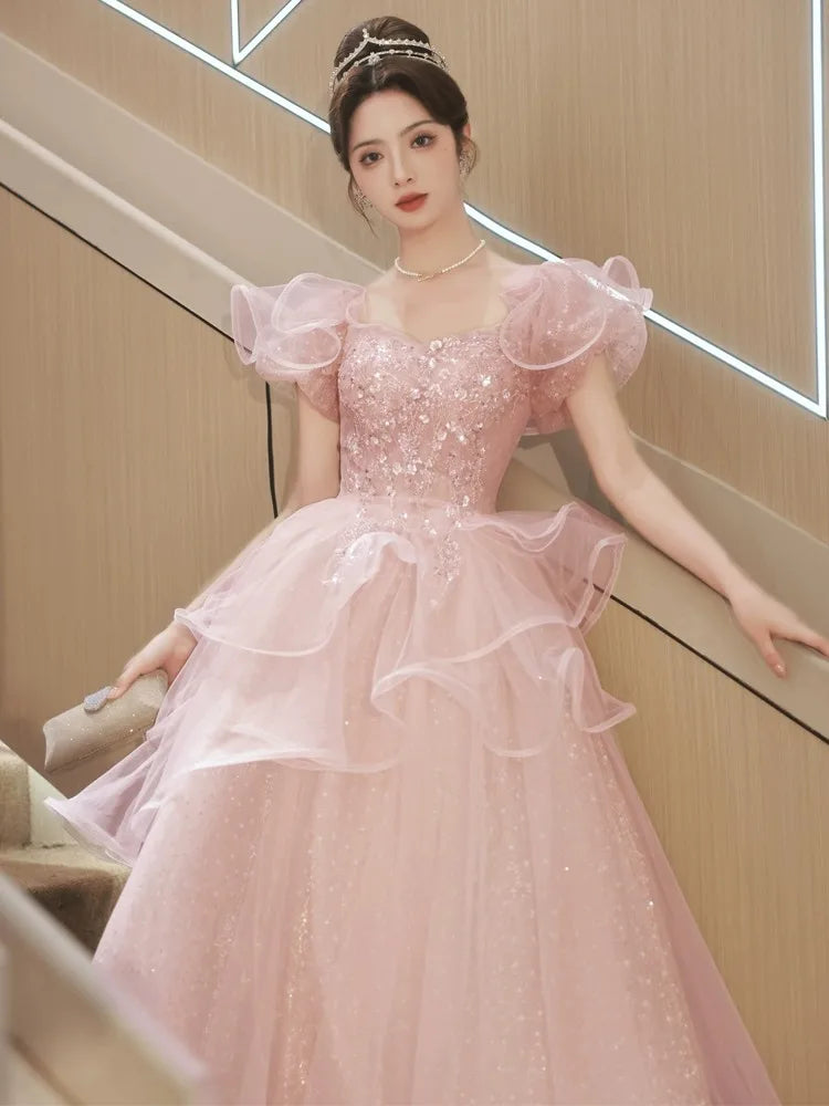 Elegant Pink Princess Gown With Glitter And Puff Sleeves on Luulla