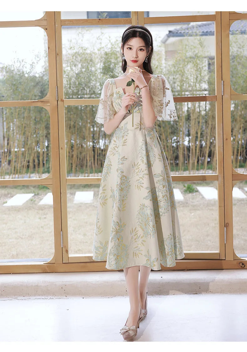 Elegant Floral Printed Square Neckline A-line Dress on Luulla