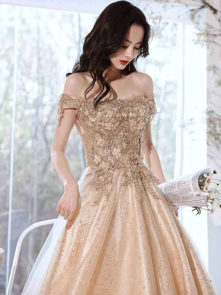 Off-shoulder Embroidered Golden Gown With Elegant Train on Luulla