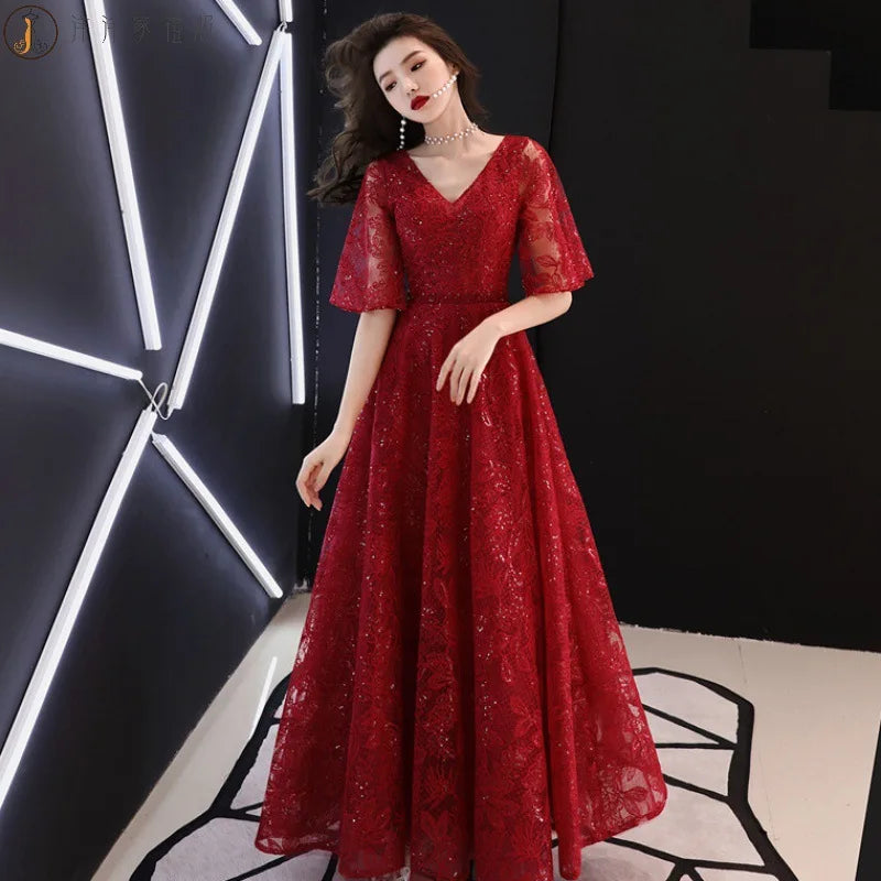 Elegant Red Lace Evening Gown With V-neck Design on Luulla