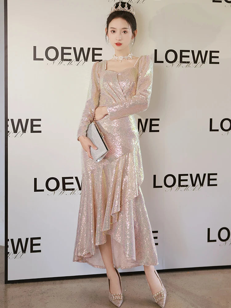 Elegant Long Sleeve Sequin Evening Gown With Tiara on Luulla