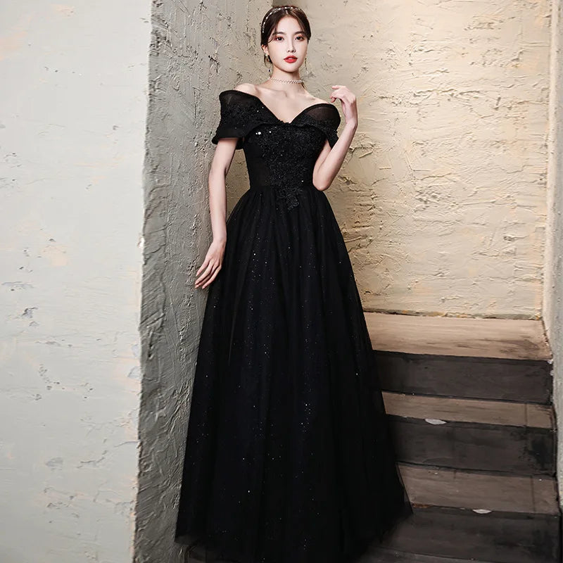 Elegant Off-shoulder Black Sequined Evening Gown Dress on Luulla