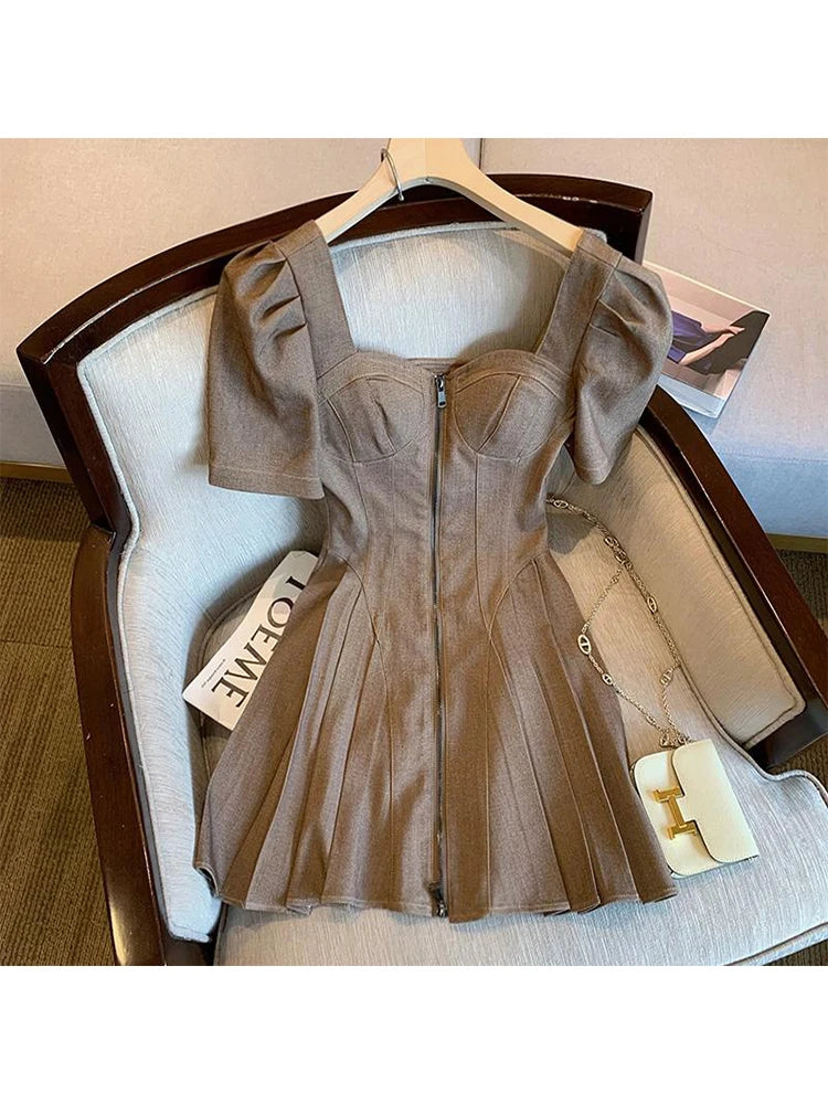 Elegant Puff Sleeve Zipper Front Mini Dress on Luulla