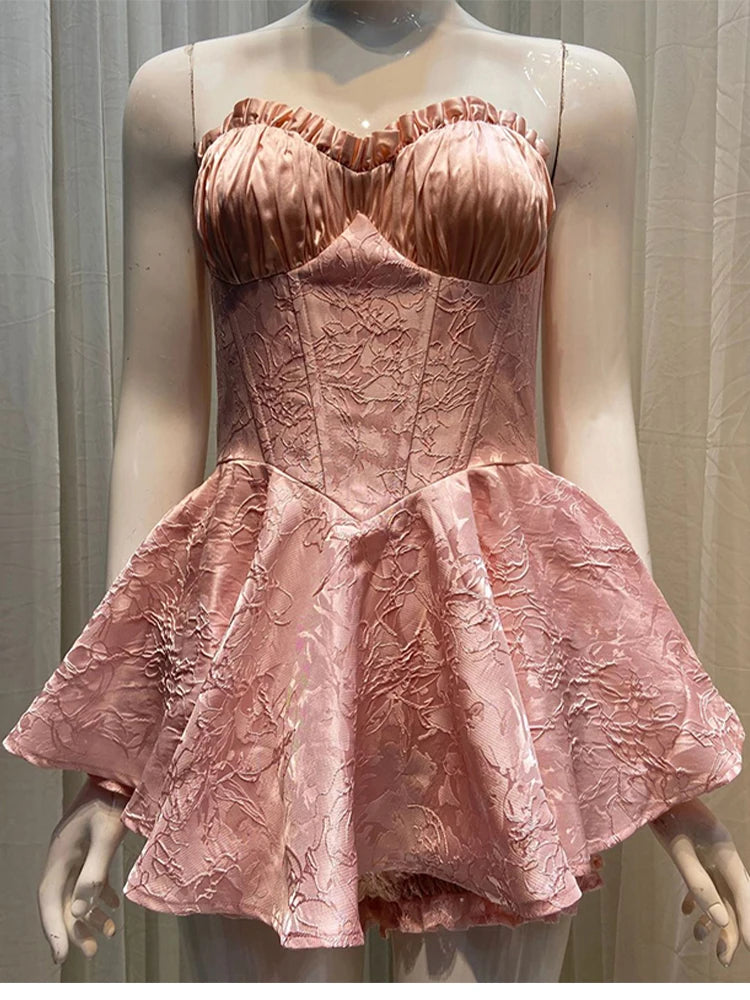 Elegant Pink Lace Corset Dress With Ruffles on Luulla