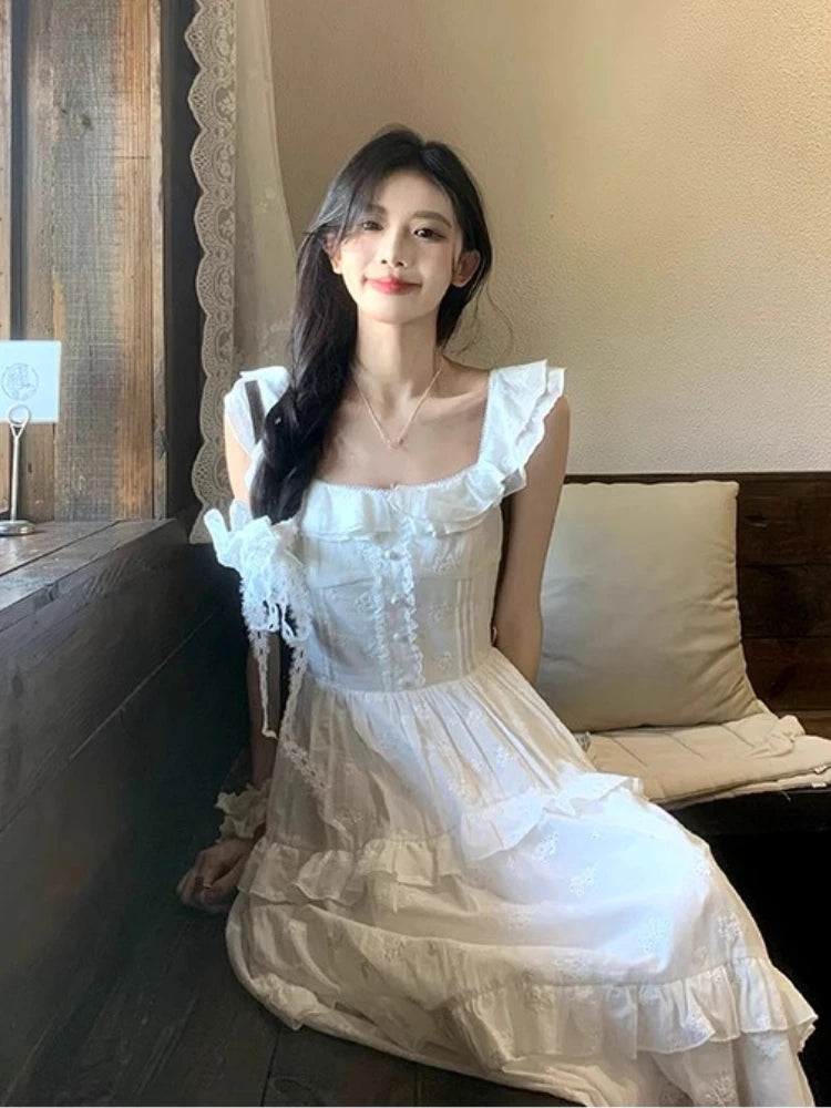 White Ruffle Lace Vintage Cottagecore Midi Dress on Luulla