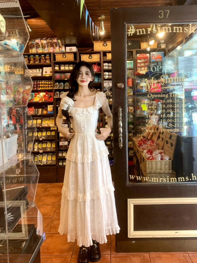 White Ruffle Lace Vintage Cottagecore Midi Dress on Luulla