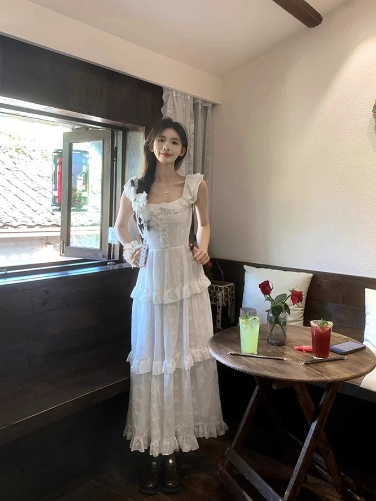 White Ruffle Lace Vintage Cottagecore Midi Dress on Luulla