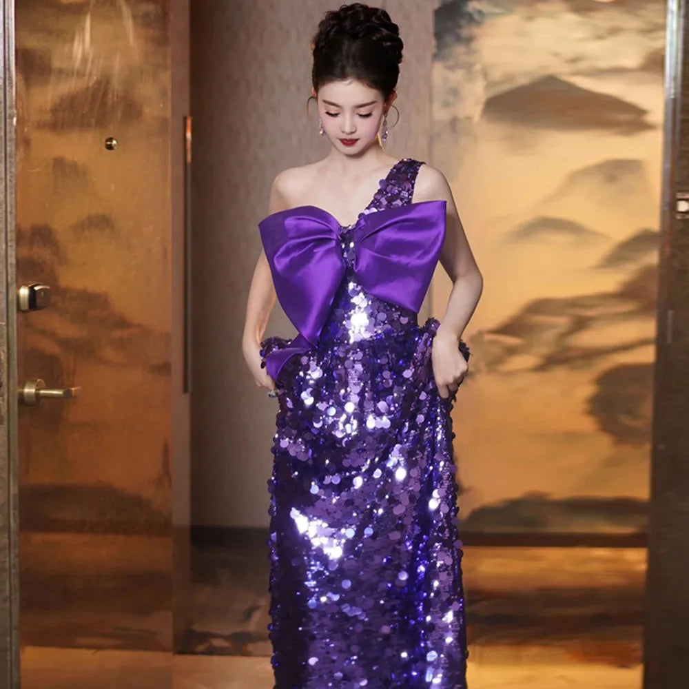 Elegant Purple Sequin Evening Dress With Bow on Luulla