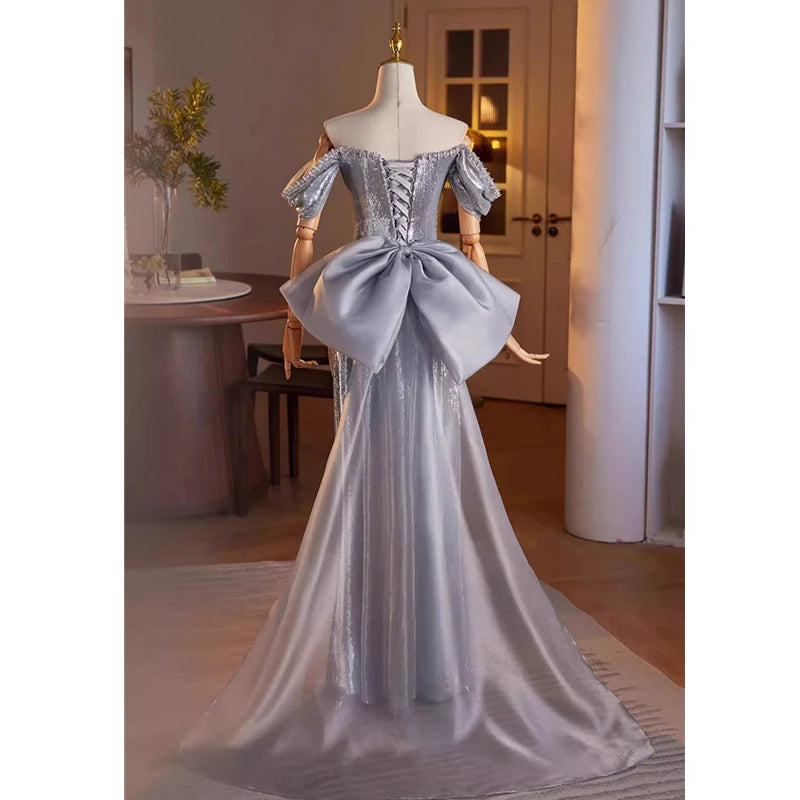 Elegant Silver Off-shoulder Full-length Evening Gown on Luulla
