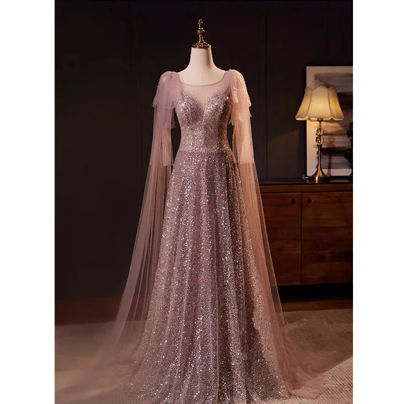 Elegant Glitter Evening Gown With Sheer Sleeves on Luulla