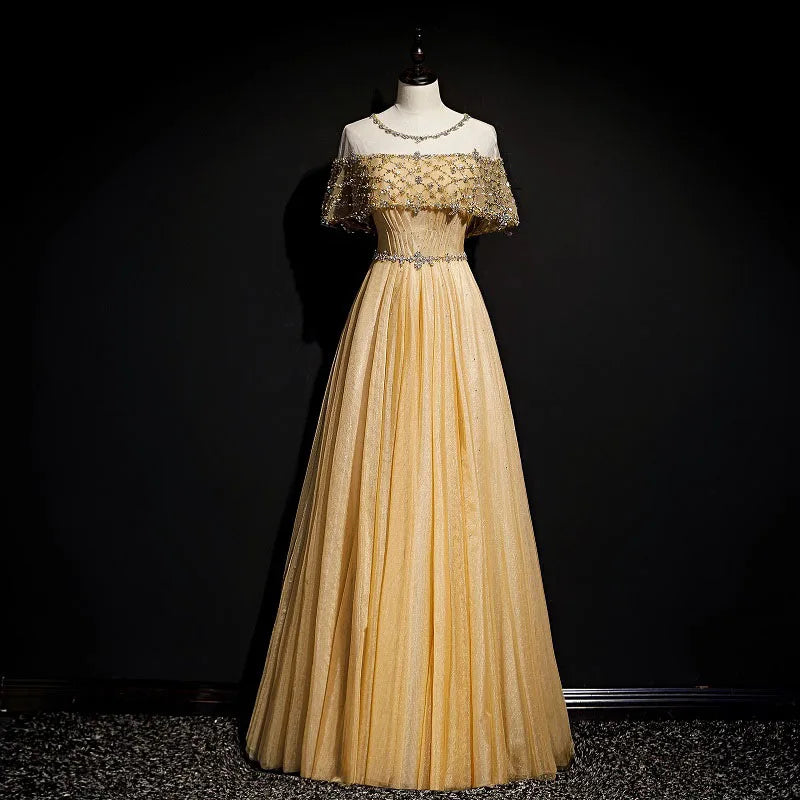 Elegant Off-shoulder Golden Evening Gown For Parties on Luulla