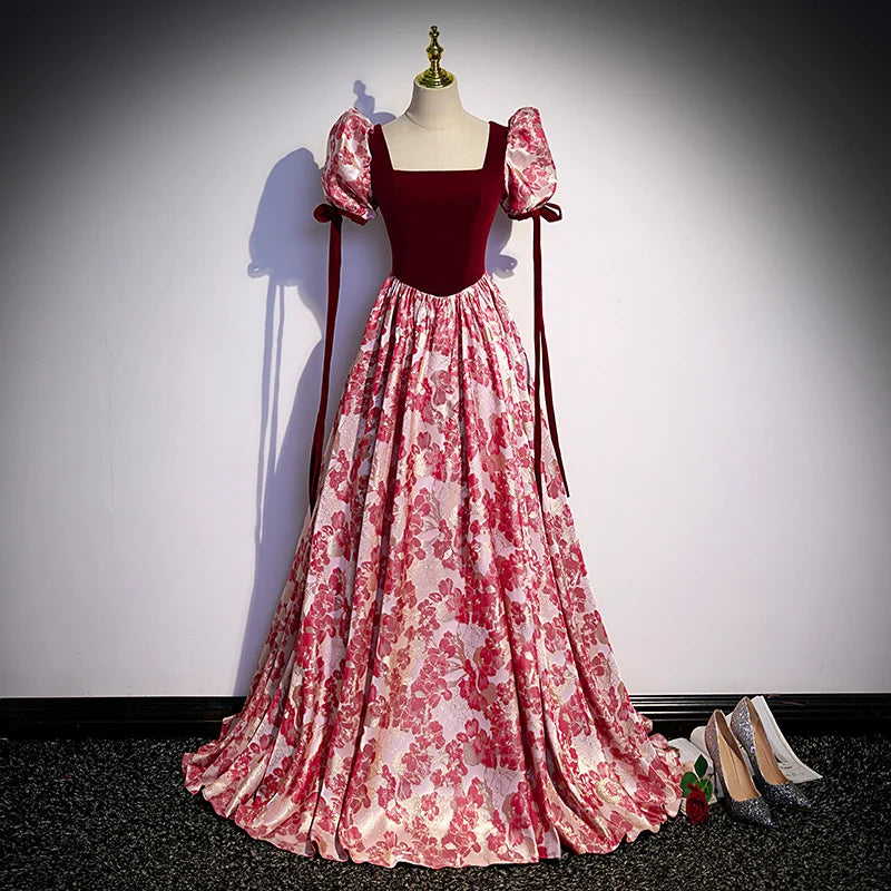 Elegant Floral Print Square Neckline Evening Dress on Luulla