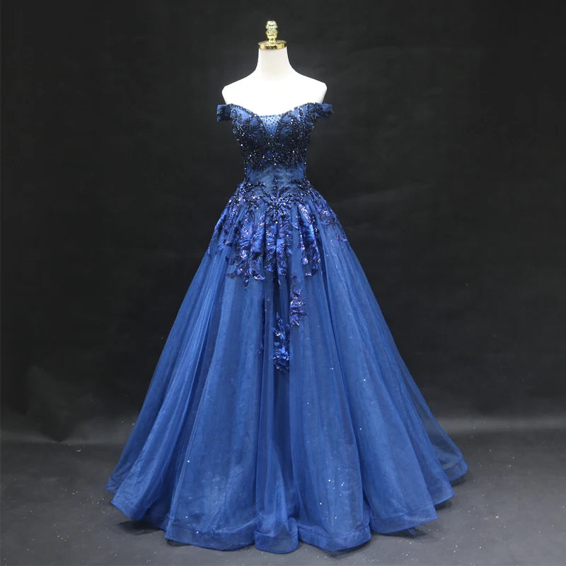 Elegant Off-shoulder Navy Blue Evening Gown on Luulla