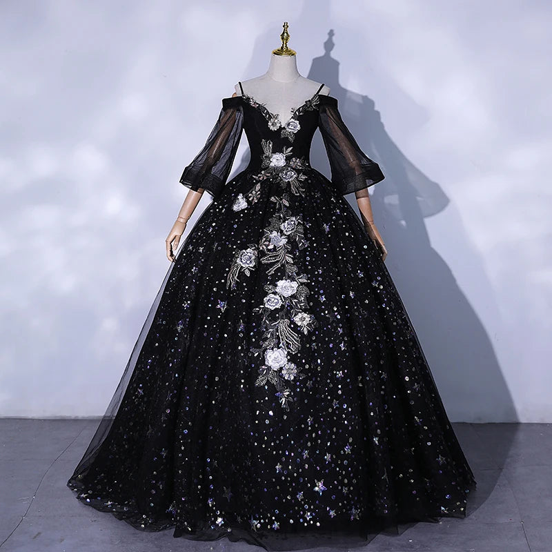 Elegant Black Floral Sequin Ball Gown Dress on Luulla