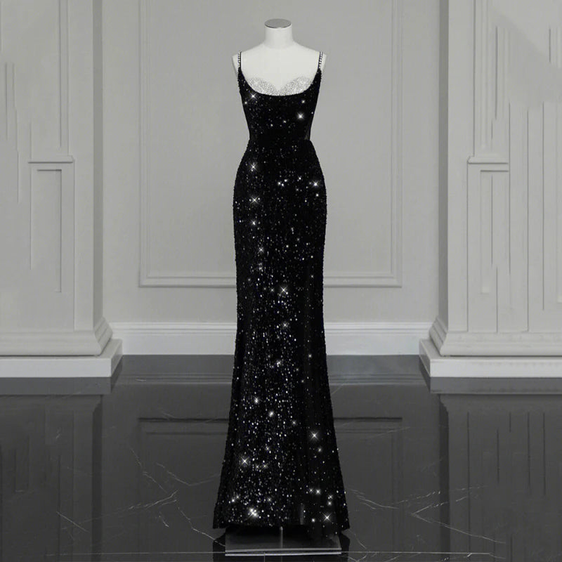 Elegant Black Sequined Evening Gown With Spaghetti Straps on Luulla