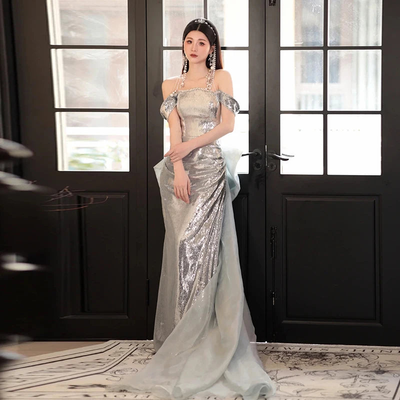 Luxe Silver Sequin Off-shoulder Evening Gown on Luulla