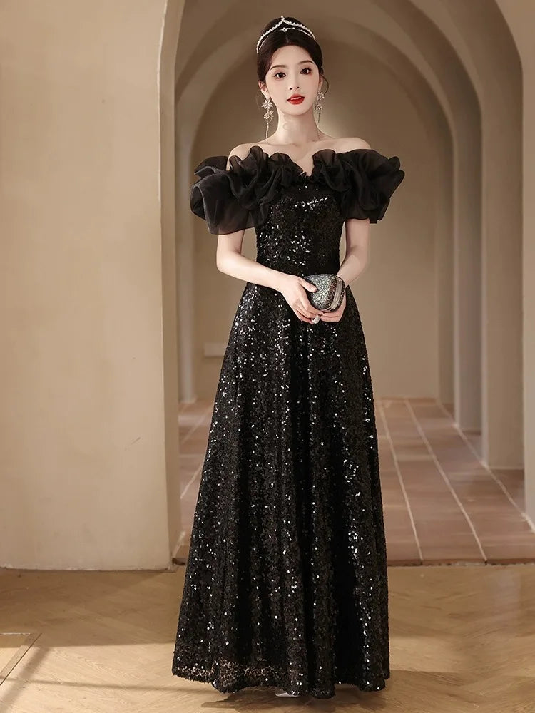 Elegant Off-shoulder Black Sequin Evening Gown on Luulla