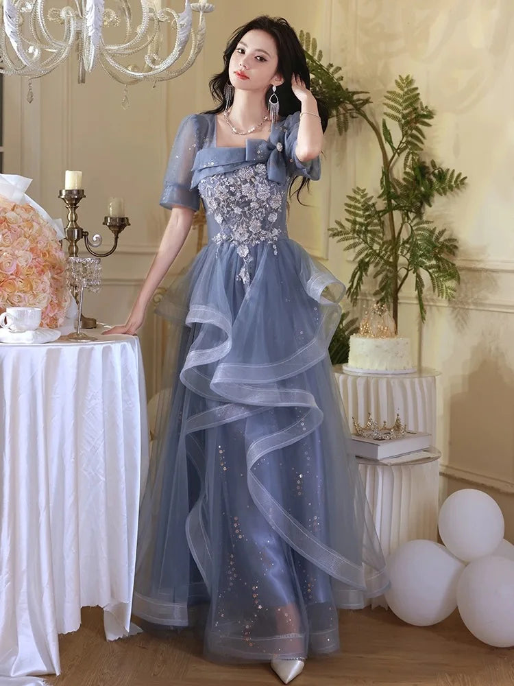 Elegant Blue Ruffled Layered Evening Gown Dress on Luulla