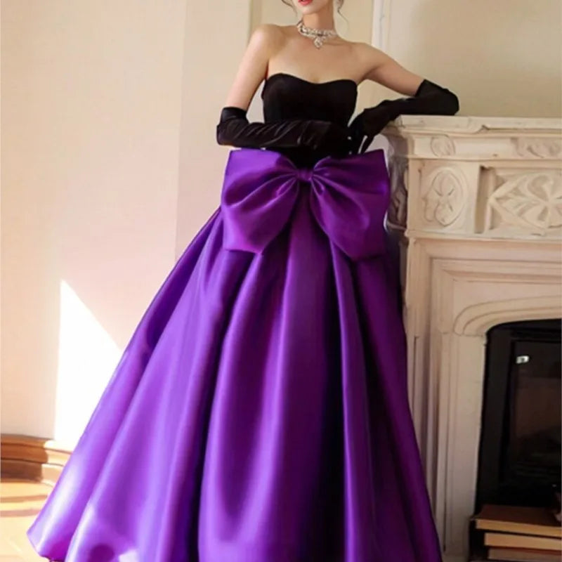 Elegant Purple Satin Gown With Bow Detail on Luulla