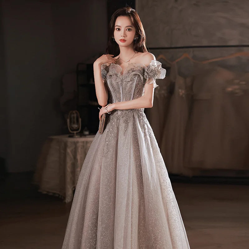 Elegant Off-shoulder Silver Evening Gown Dress on Luulla