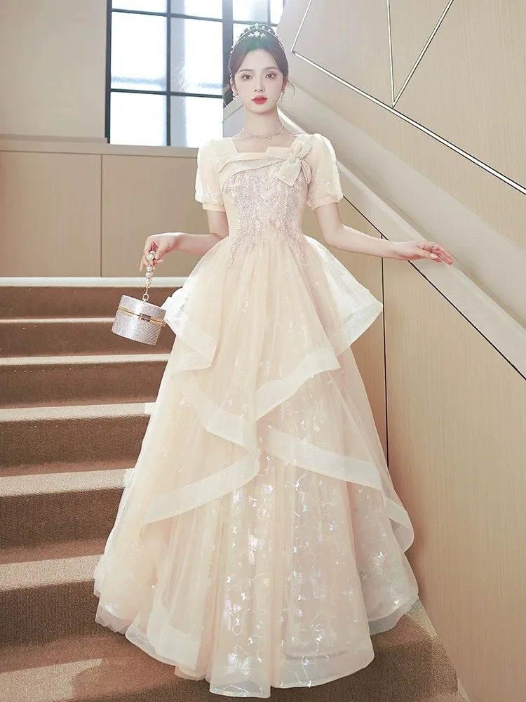 Elegant Ivory Tiered Layered Evening Gown Dress on Luulla