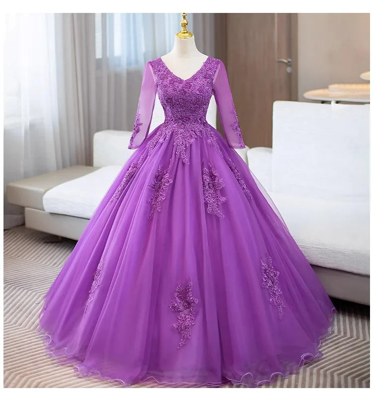 Elegant Purple Lace Long Sleeve Evening Gown on Luulla