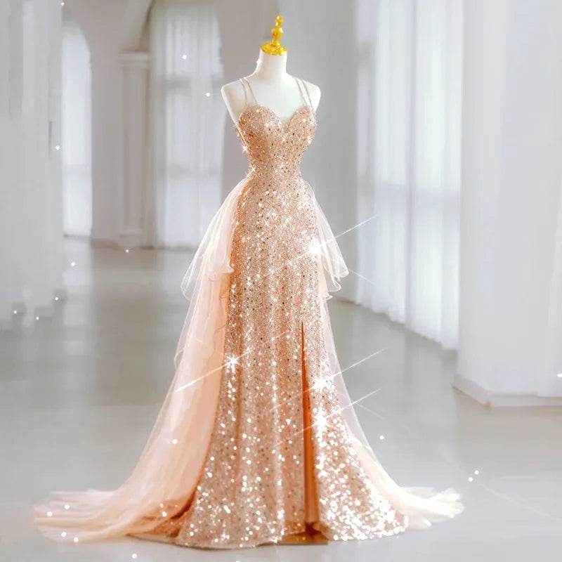 Sparkling Sequin Gown With Tulle Overlay Slit on Luulla