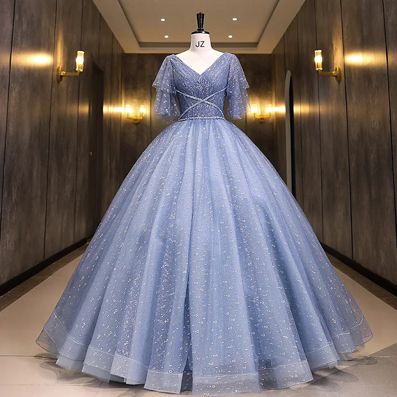Sparkling Blue Ballroom Gown With Lace Sleeves on Luulla
