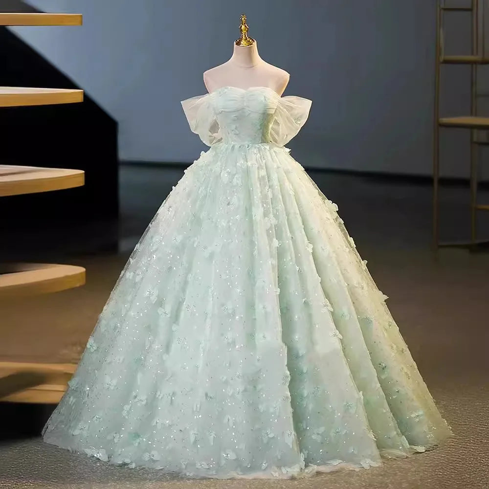 Strapless Mint Ruffled Gown With Floral Details on Luulla