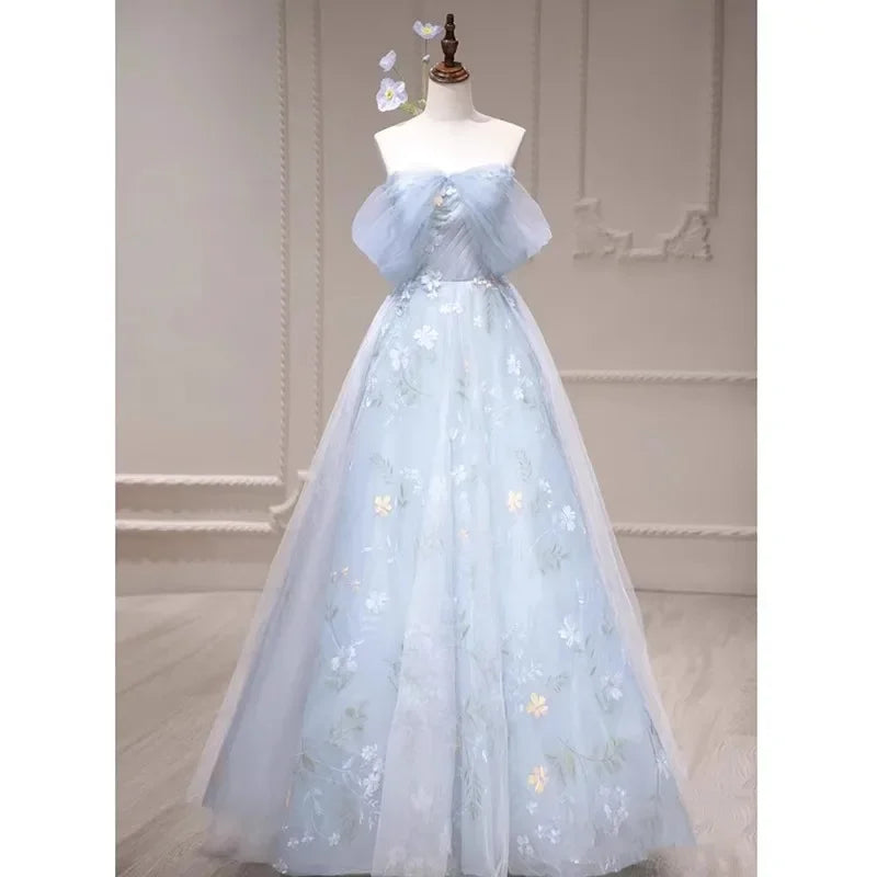 Off-shoulder Blue Floral Embroidered Prom Dress on Luulla