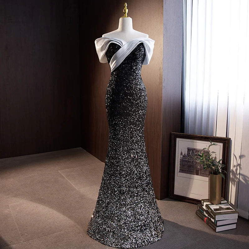 Glamorous Sequin Gown With Dramatic Off-shoulder Design on Luulla