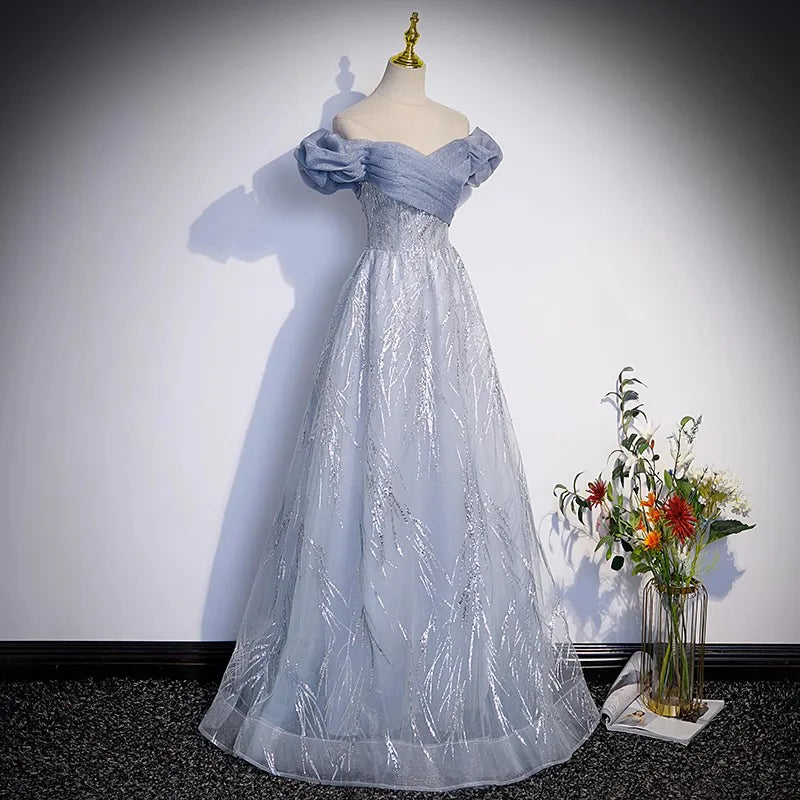 Off-shoulder Silver Gown With Sparkling Overlay on Luulla