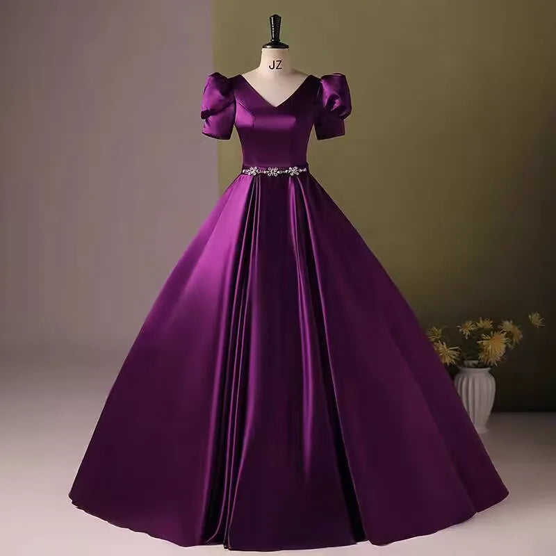 Stunning Purple Satin Gown With Puff Sleeves on Luulla