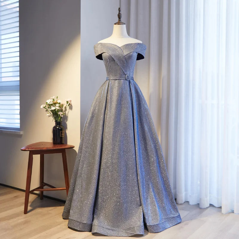 Sparkling Off-shoulder Silver Gown With Belt on Luulla