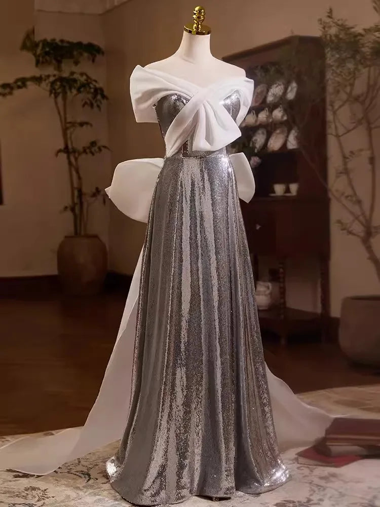 Shimmering Silver Gown With Bow Accent on Luulla