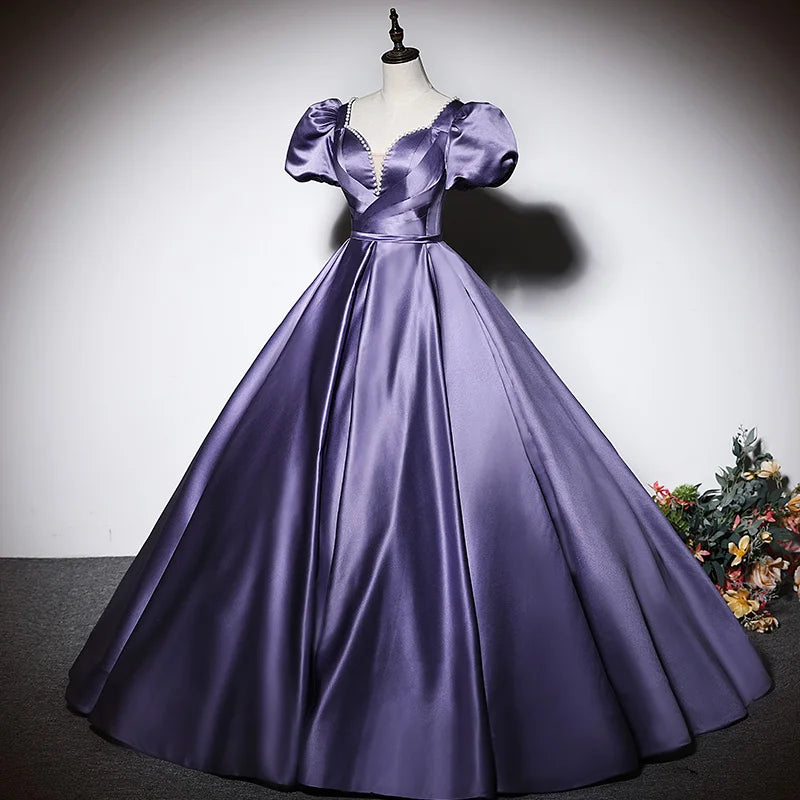 Luxurious Purple Satin Gown With Puff Sleeves on Luulla