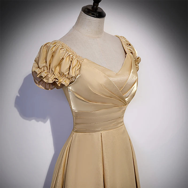 Golden Gown With Puffy Sleeves And V-neck on Luulla